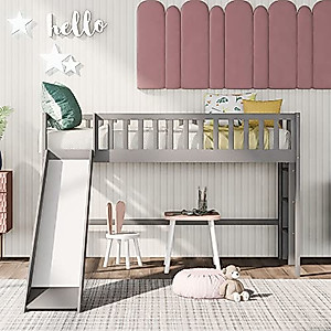 TARTOP Low Loft Bed with Slide, Wood Twin Size Loft Bed Frame with Ladder and Guardrails for Kids, Toddlers, Teens, No Box Spring,Gray