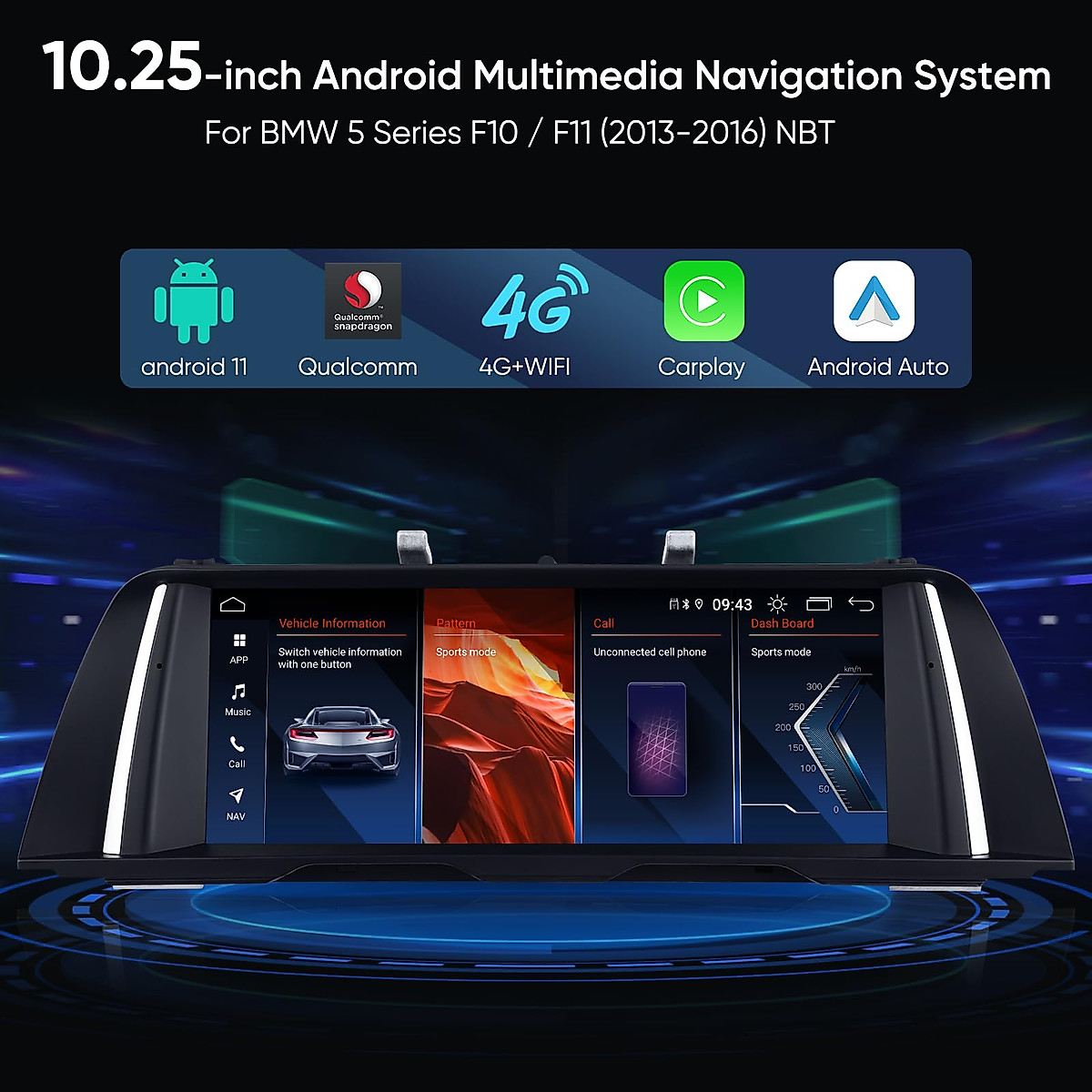 for BMW 5 Series F10 F11 (2013-2016) NBT Upgrade Radio Stereo Car Radio Qualcomm 665 (4GB + 64GB) Built-in 4G LTE GPS Navigation Wireless Apple CarPlay Android Auto10.25 inch Touch Screen 1920 x 720