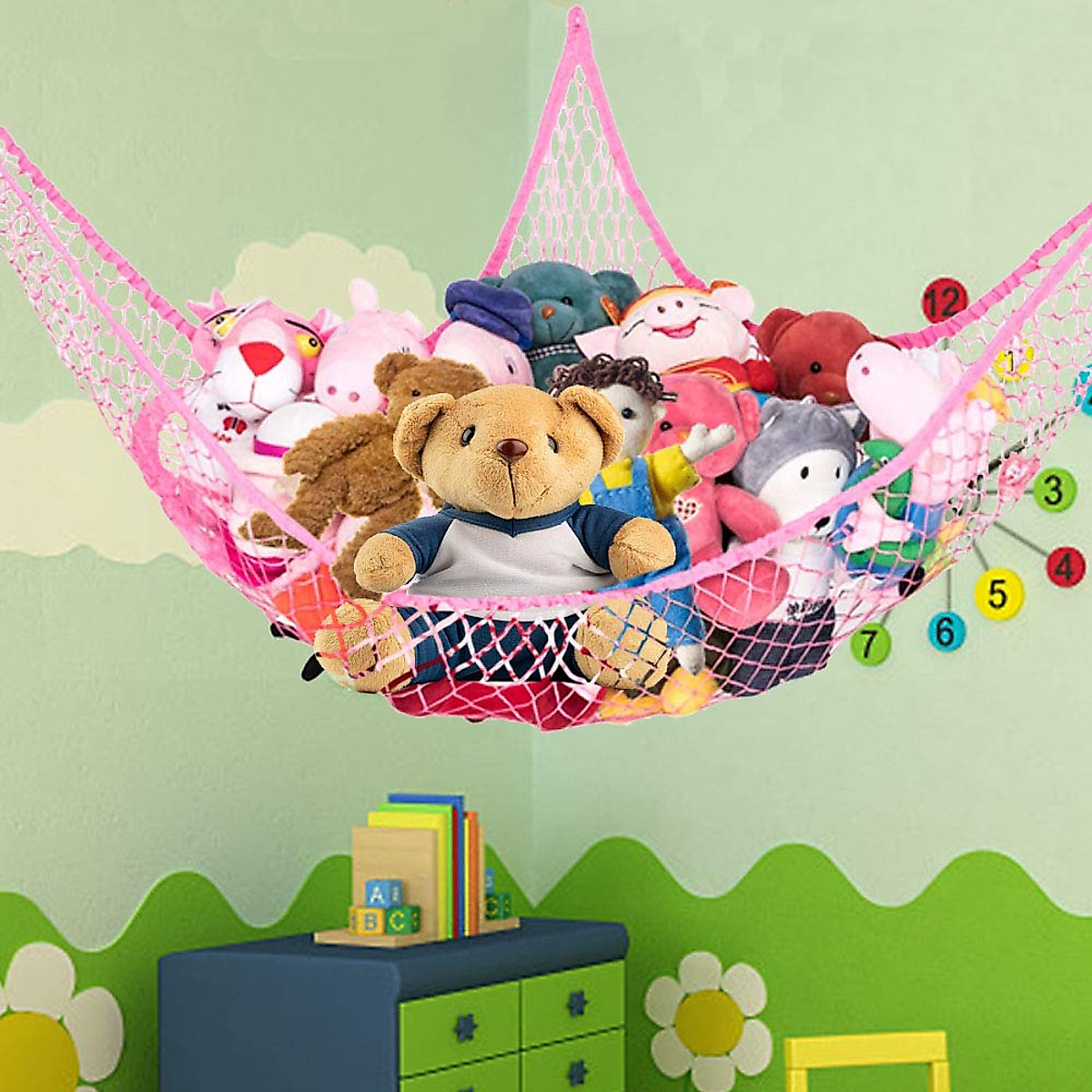 Toy Storage Hammock Net Wall Sling Corner Mesh Nets Stuffed Animal Organizer Storage Net Best for Keeping Rooms Clean for Kids Toys Toy is Durable and Easy to Install Pink