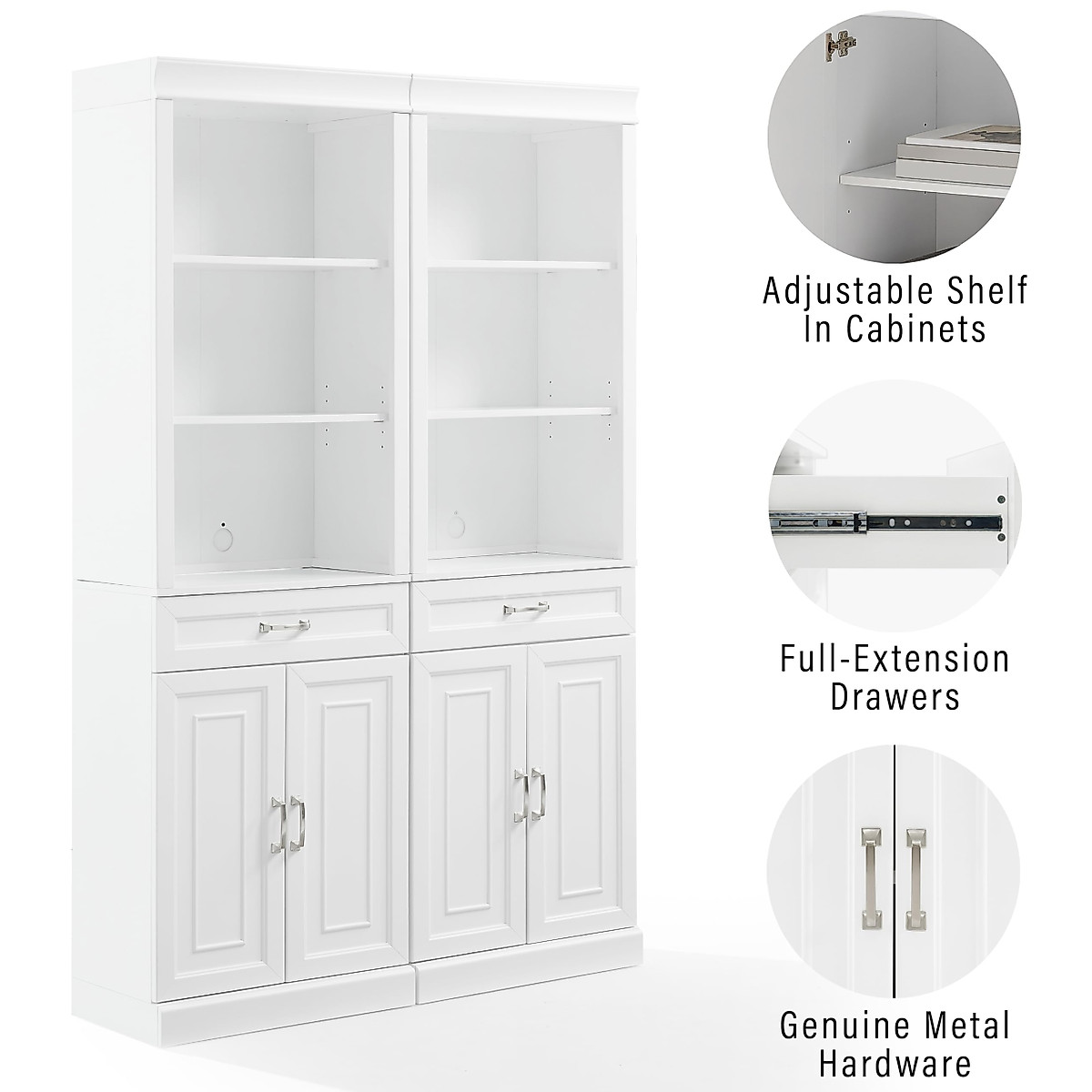 Crosley Furniture Stanton 2-Piece Storage Bookcase, Bookshelf Cabinet with Shelves, Kitchen and Living Room, White