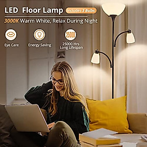 LEDIARY 72" Floor Lamp, Modern Torchiere Floor Lamp with 2 Adjustable Reading Lamp, 8W 3000K 750LM (3 Bulbs Included) Standing Lamp, Black Floor Lamps for Living Room, Bedroom, Office