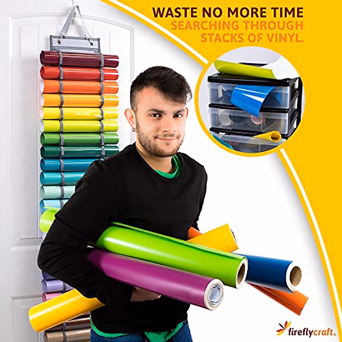 Firefly Craft Vinyl Organizer, Vinyl Roll Holder - Craft Vinyl Storage Organizer Rack - Wall Mount, Hanging Closet, Studio, or Over the Door Cricut Organizer - Cricut Accessories - 24 Compartments