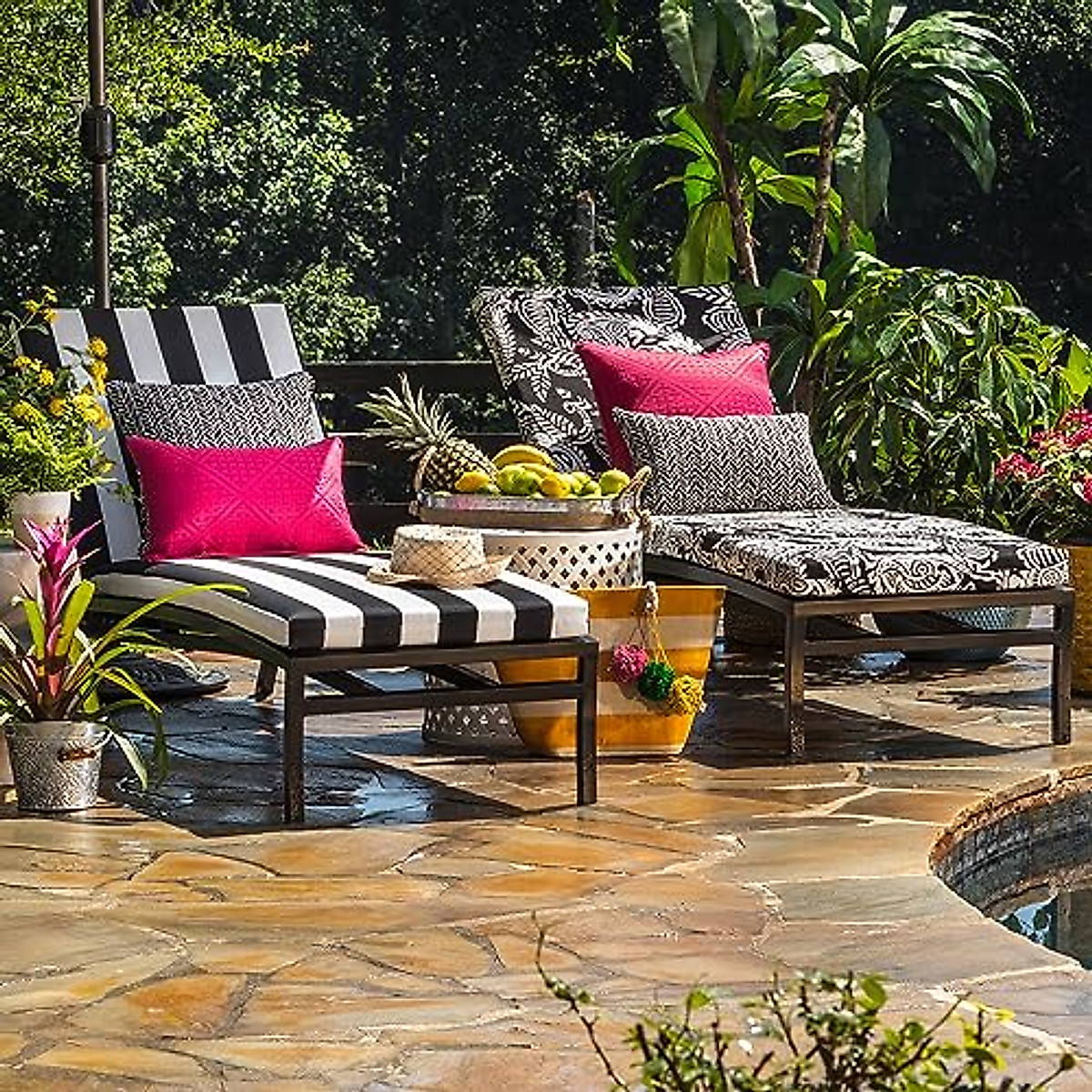 Pillow Perfect Stripe Indoor/Outdoor Split Back Chaise Lounge Cushion with Ties, Plush Fiber Fill, Weather, and Fade Resistant, 72.5" x 21", Black/White Cabana Stripe, 1 Count