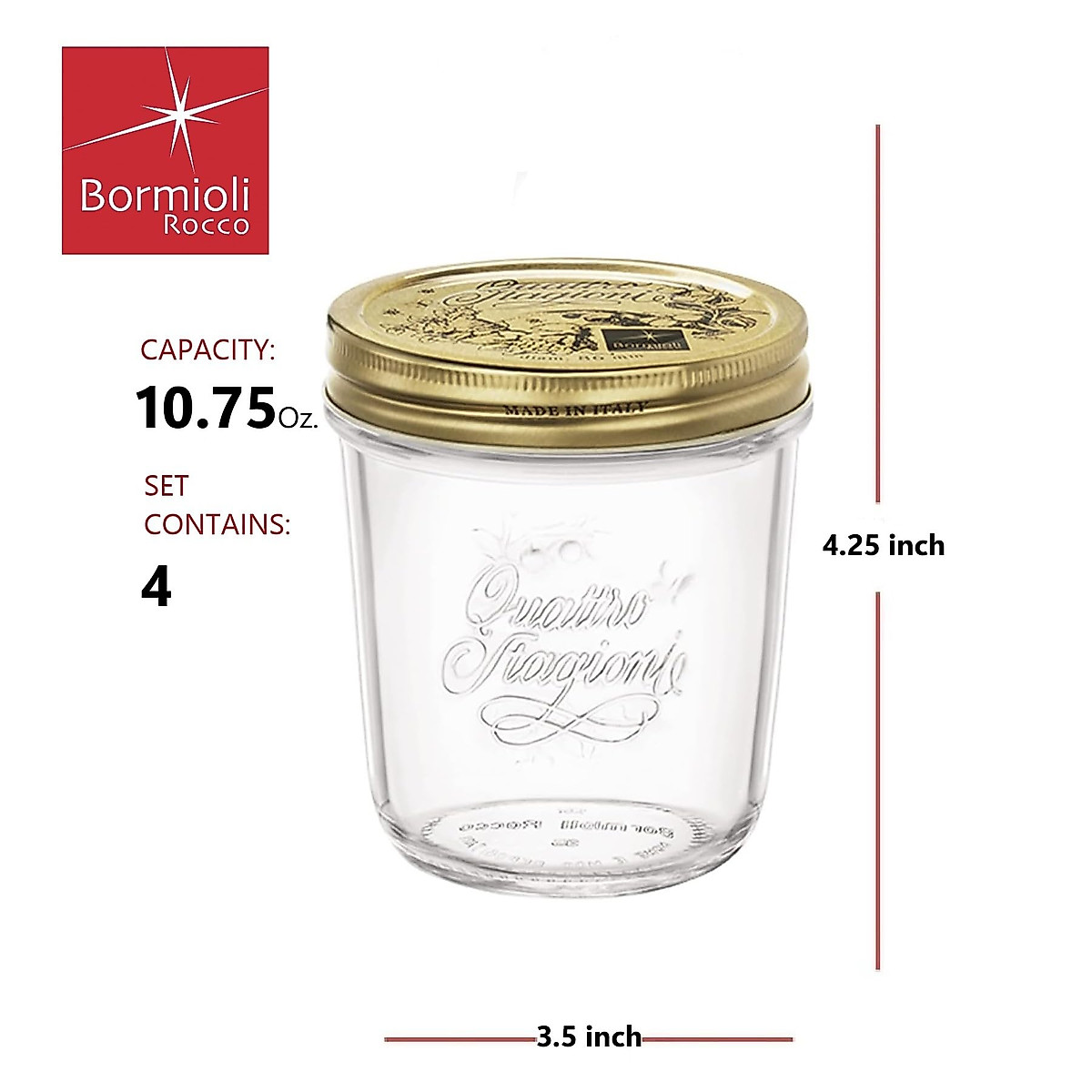 Bormioli Rocco Quattro Stagioni set of 4 Clear Airtight Mason Jars, 10.75 Oz. Made from Durable Glass, Made In Italy