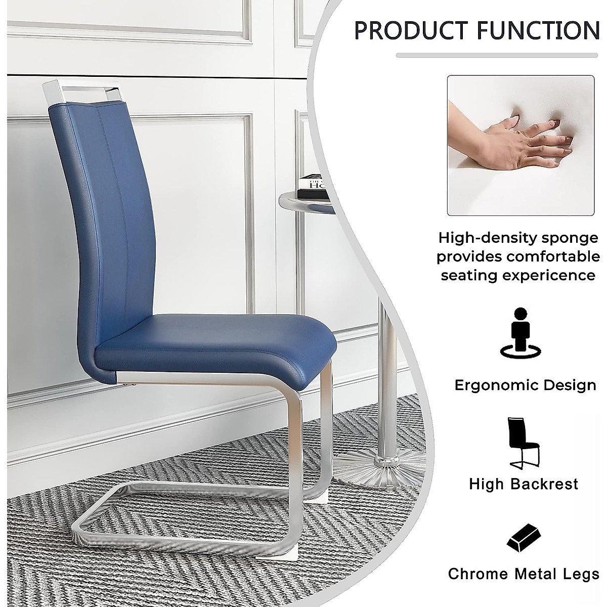 LUSPAZ Faux Leather Dining Chairs Set of 4, Modern Dining Room Chair Kitchen Chairs with Upholstered Seat, Metal Legs and High Back, Sillas para Comedor, Blue