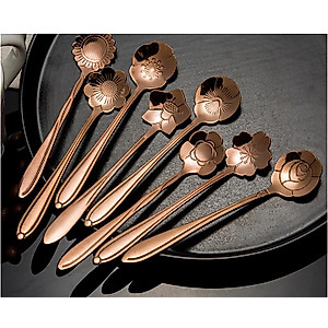 16 Pack Stainless Steel Tableware Creative Flower Coffee Spoon Sugar Spoon Tea Spoon Stir Bar Spoon Stirring Spoon, 8 Different Patterns,2 sets (Rose Gold)