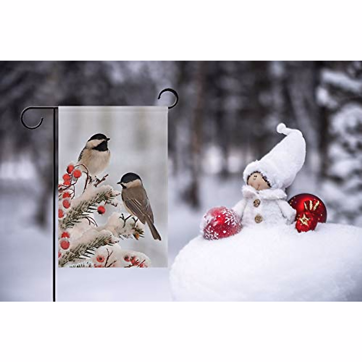ALAZA Double Sided White Black Tow Cute Chickadees in Winter Snow Polyester Garden Flag Banner 12 x 18 Inch for Outdoor Home Garden Flower Pot Decor