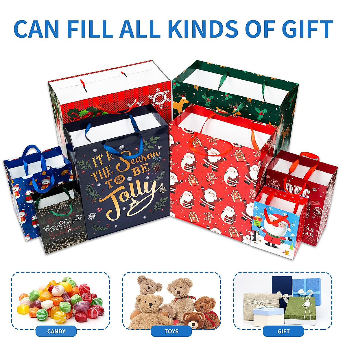 Novnsoi 24 PCS Christmas Bags Bulk Set for Wrapping Holiday Gifts, Recyclable Festival Bags with Snowman, Reindeer, Christmas Bell/Tree, Snowflake, Gin Design - 6 X-Large,6 Large,6 Medium,6 Small