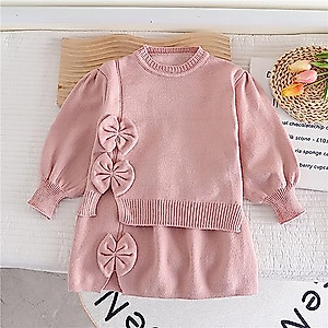AwarFy Infant Toddler Girls Long Sleeve Sweet Bow Sweater Two Piece Set Fashion Preppy Knit Two Dresses (RD2#7, 5-6 Years)