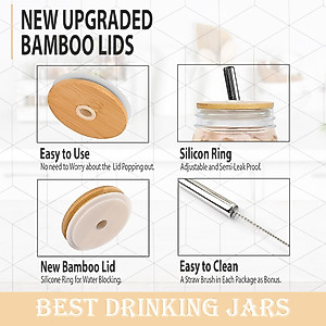 Reusable Boba Glass Cups With Lids and Straws - (2 Pack) - Ball Wide Mouth 32 oz Mason Drinking Jars with Reusable Bamboo Lids & Stainless Steel Straws for Iced Coffee, Smoothie, Milkshake, Tea