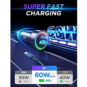 USB C Car Charger, 60W Super Fast Car Charger PD& QC3.0 with 5ft 30W Super Fast Type C Coiled Cable, Car Charger for Samsung Galaxy S23/S22/S21/Google Pixel/Moto/LG/Android, iPad Pro