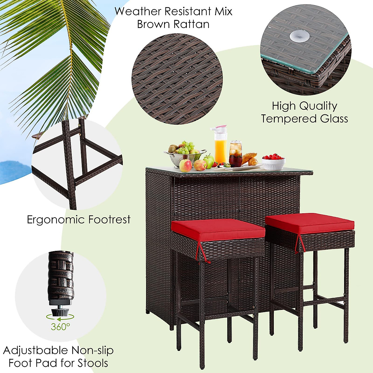 Toolsempire 3 Pieces Patio Bar Set Outdoor Bar Set, Wicker Bar Set with Tempered Glass Table-Top & Two Stools, Outdoor Furniture Bistro Set for Porch, Poolside, Backyard, (Red)