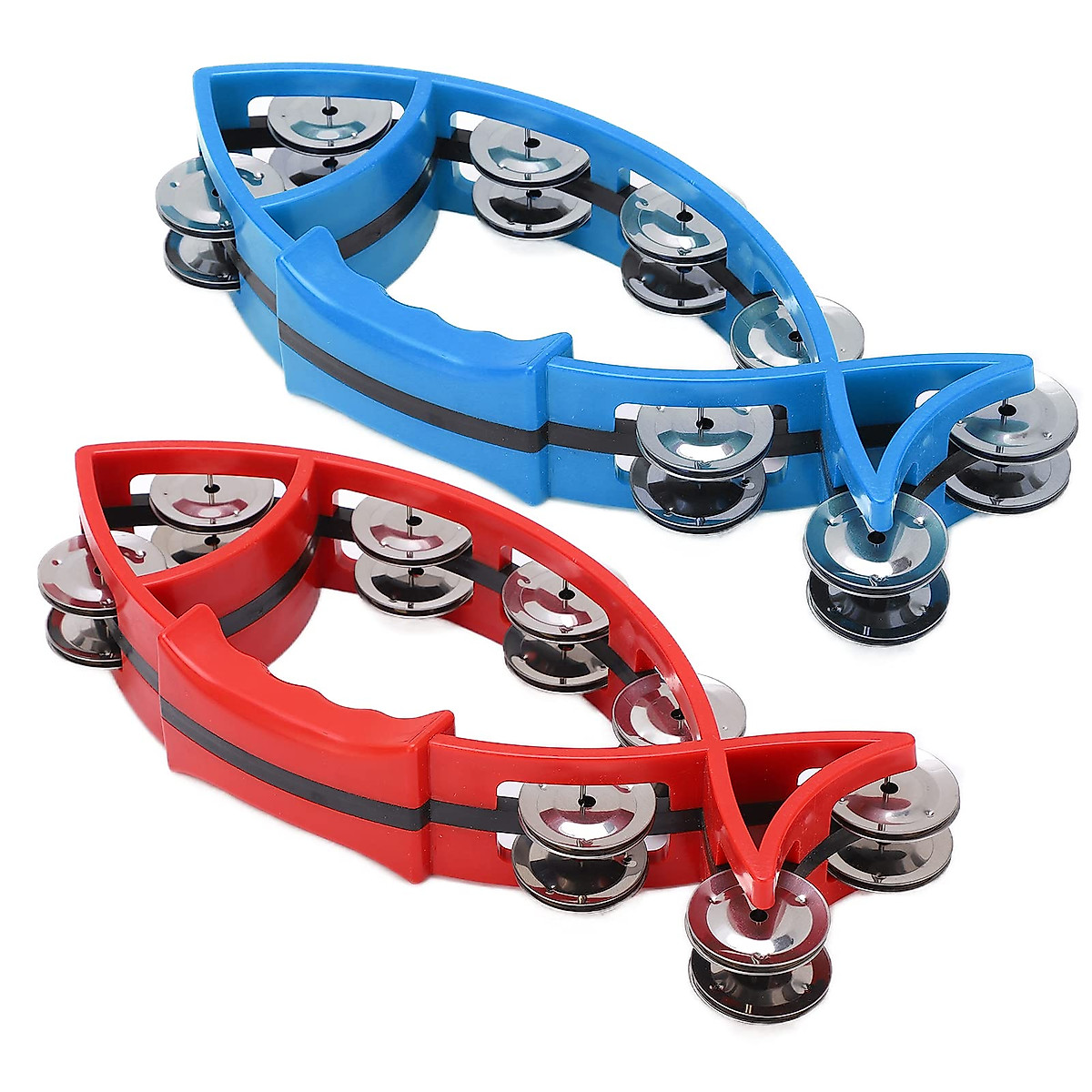 Tambourines Double Row Tambourines Fish Shaped Tambourine Hand Bell Handbell Handheld Percussion Rhythm Instrument for Party Children Adults(Red)