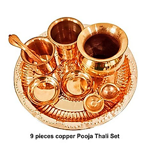 HANS PRODUCT Pooja Thali Set Round Plate, Panch Patra, Copper Spoon, Copper Glass, Copper Diyas, Small Prasad Plates, one Copper Lota (Chambu) (9 pcs)