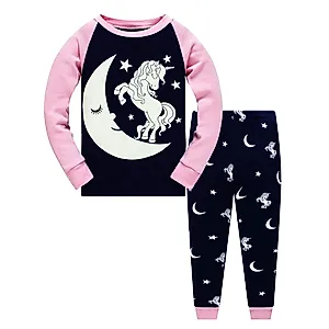 Girls Unicorn Pajamas Glow in the Dark Two Piece Long Sleeve Cotton PJs Toddler Girl Unicorn Shirt Kids Sleepwear 6t/6206