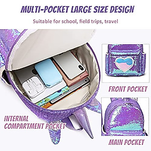 Muizary 3Pcs Cute Unicornios Backpack Set with Lunch Bag, Elementary Knapsack Rainbow Sequins bookbag for Girls and Woman -L(blue)