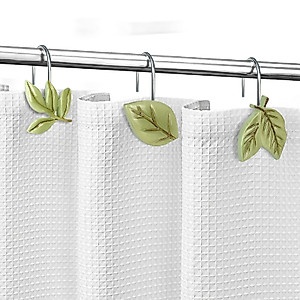 Green Plant Leaves Decorative Shower Curtain Hooks, Tropical Botanical Plam Tree Leaf Shower Curtain Rings for Bathroom, Resin, Cute Shower Curtain Hanger Hooks Bathroom Decor, Set of 12