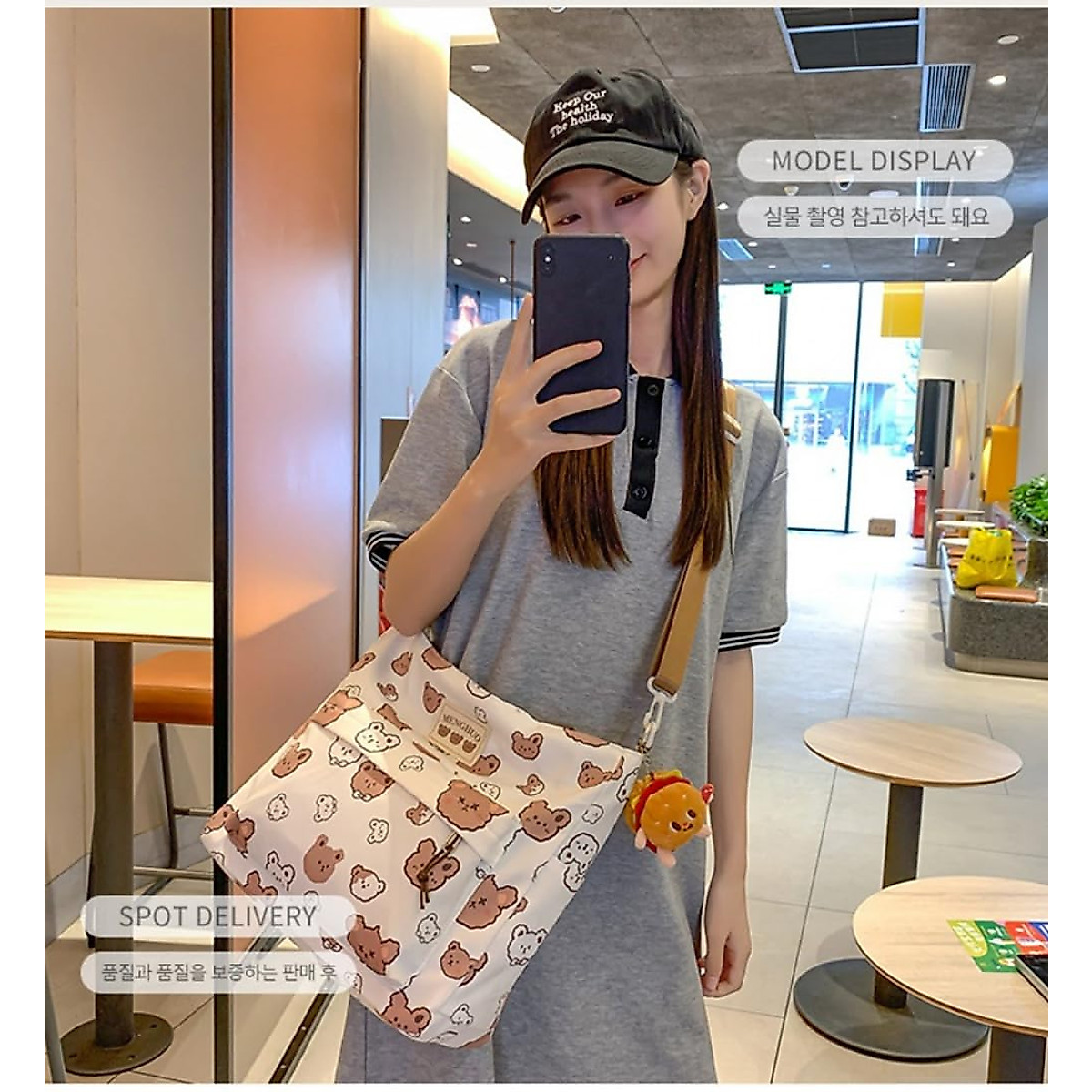 Eaokwfp Kawaii Backpack with Cute Accessories, Tote Bag Cartoon Graphic Laptop Backpack, Large Capacity Casual Travel Daypack (Bear Tote Bag)