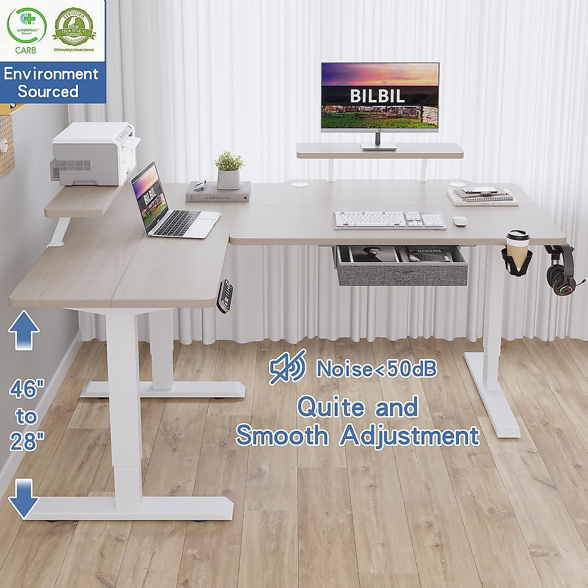 bilbil L Shaped Electric Standing Desk with Drawer, 62x47 Inches Adjustable Height Sit Stand Up Desk with Storage Shelf, Pale Pearwood Top/White Frame