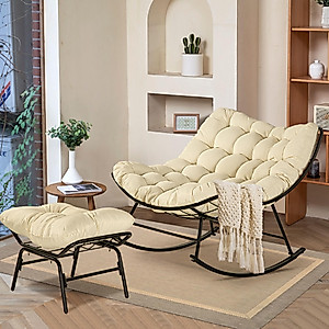 PORWEY Patio Rocking Papasan Chair, Outdoor & Indoor Egg Reading Chair, Oversized Royal Comfy Cozy Lounge Rocker Recliner with Large Cushion, Steel Frame and Ottoman for Bedroom, Living Room,Beige