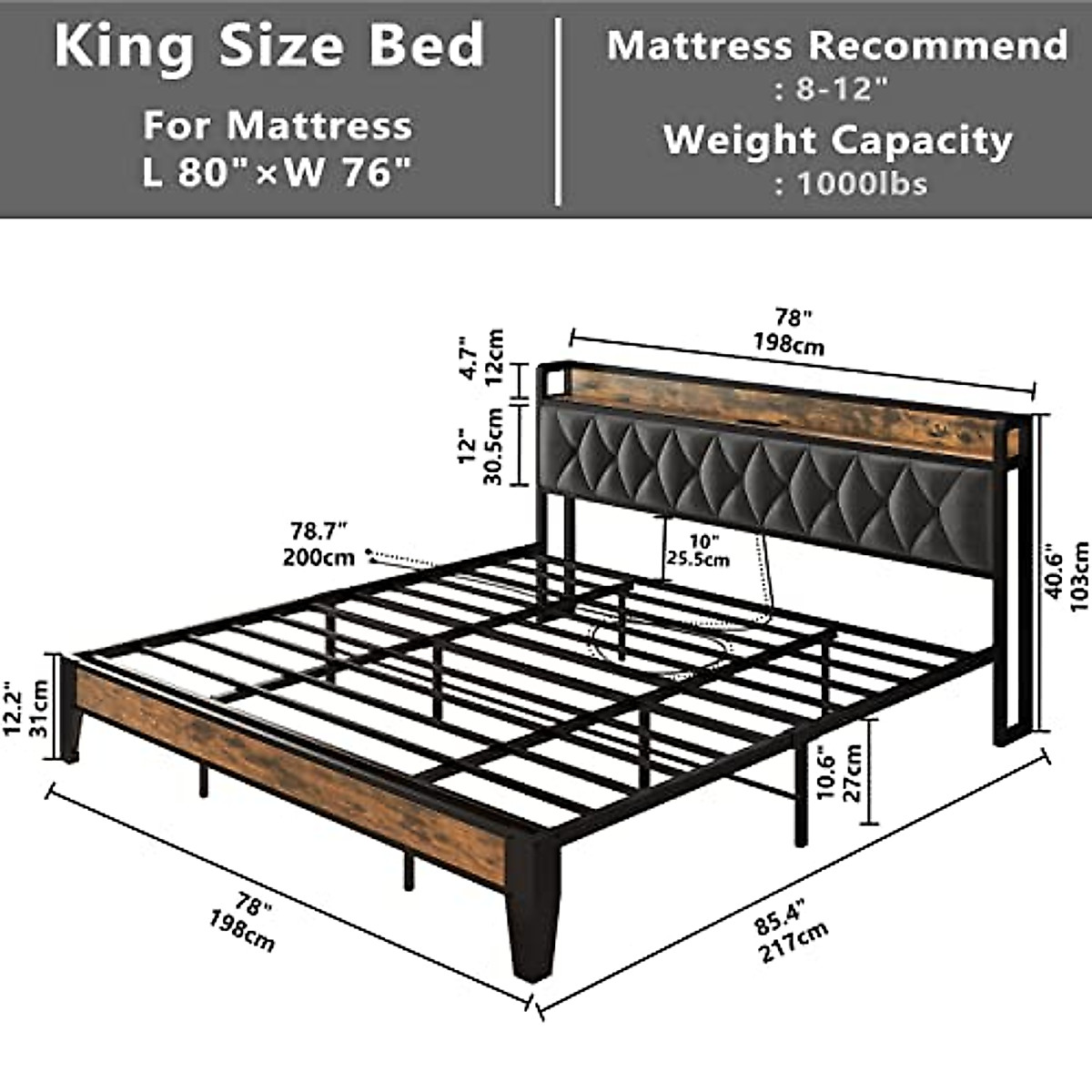 ANCTOR King Size Bed Frame, Storage Headboard with Outlets, Easy to Install, Sturdy and Stable, No Noise, No Box Springs Needed - Perfect for a Good Night's Sleep