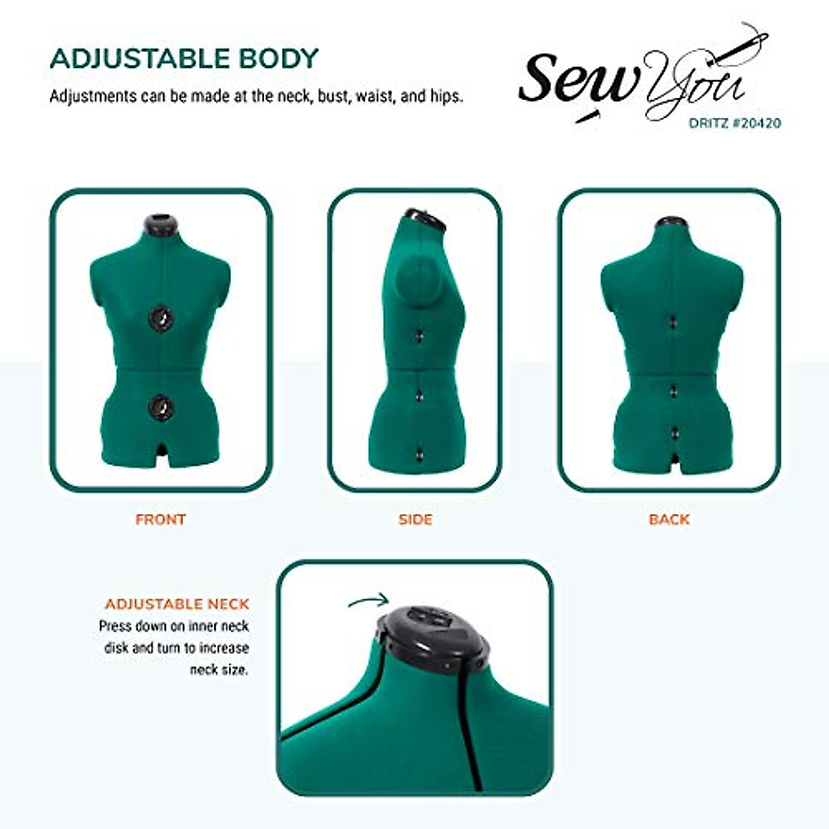 Dritz Sew You Adjustable Dress Form, Small, Opal Green