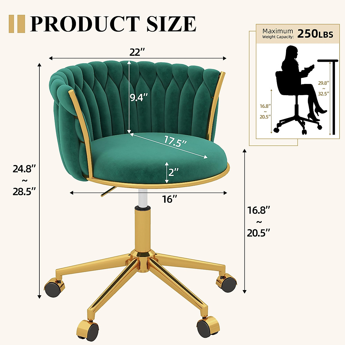 GOOLON Velvet Desk Chair, Modern Office Chair with Wheels, Home Swivel Vanity Armchair with Woven Back Comfy Height Adjustable Seat Sturdy Golden Metal Rolling Base for Makeup Bedroom, Dark Green
