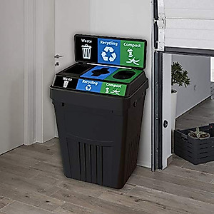 CleanRiver Flex E Bin - 50 Gallons | 3-in-1 Streams | Waste, Recycling, & Compost Basket with Backboard | Black Color