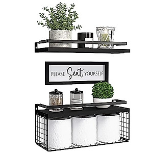 DOLLFIO Floating Shelves with Wall Décor Sign, Bathroom Shelves Over Toilet with Wire Storage Basket, Wood Wall Shelves with Protective Metal Guardrail– Black