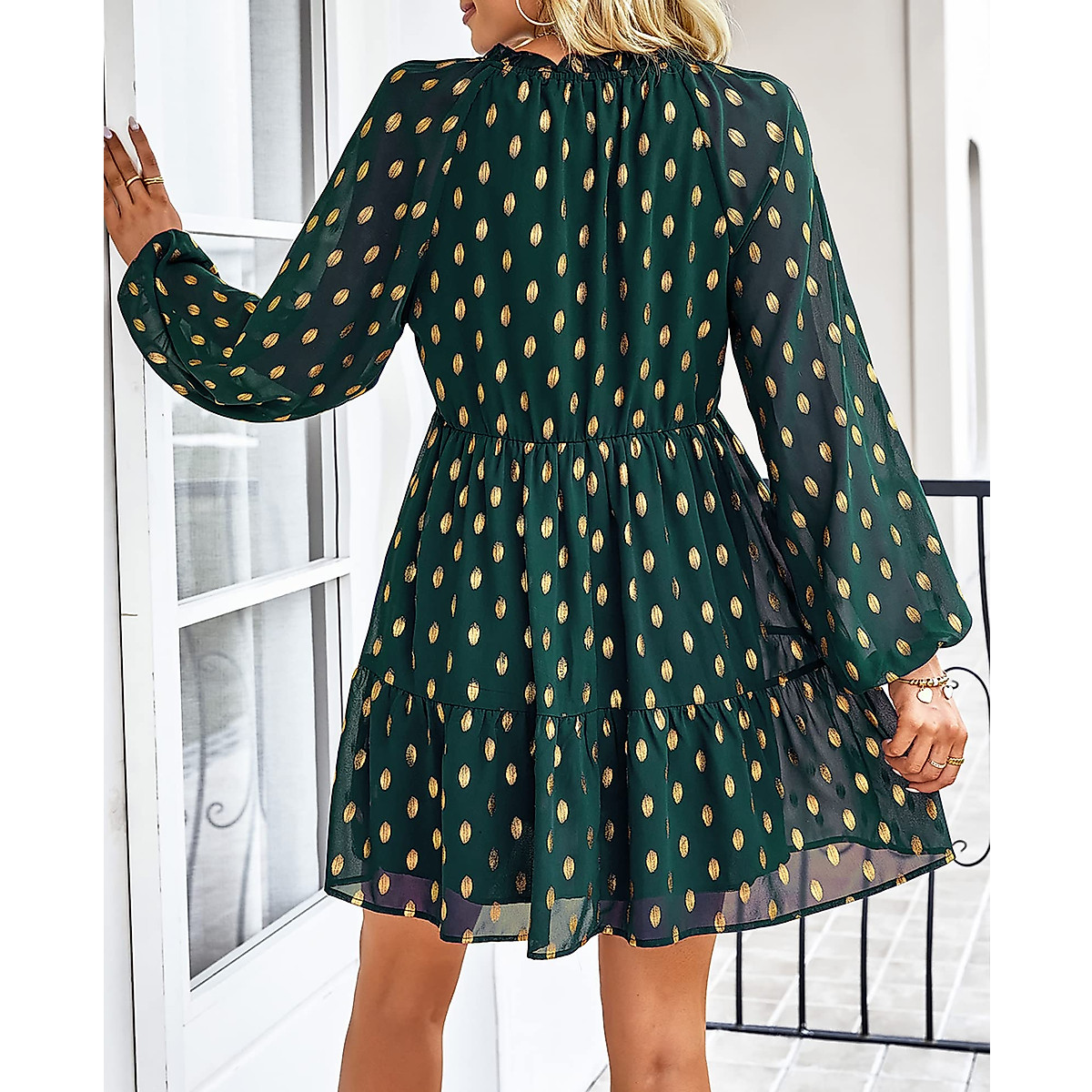 KIRUNDO Women's 2024 Spring Summer Long Sleeve V Neck Ruffle Polka Dot Mini Dress Casual Loose Tiered Swing Tunic Dresses(Dark Green, X-Large)