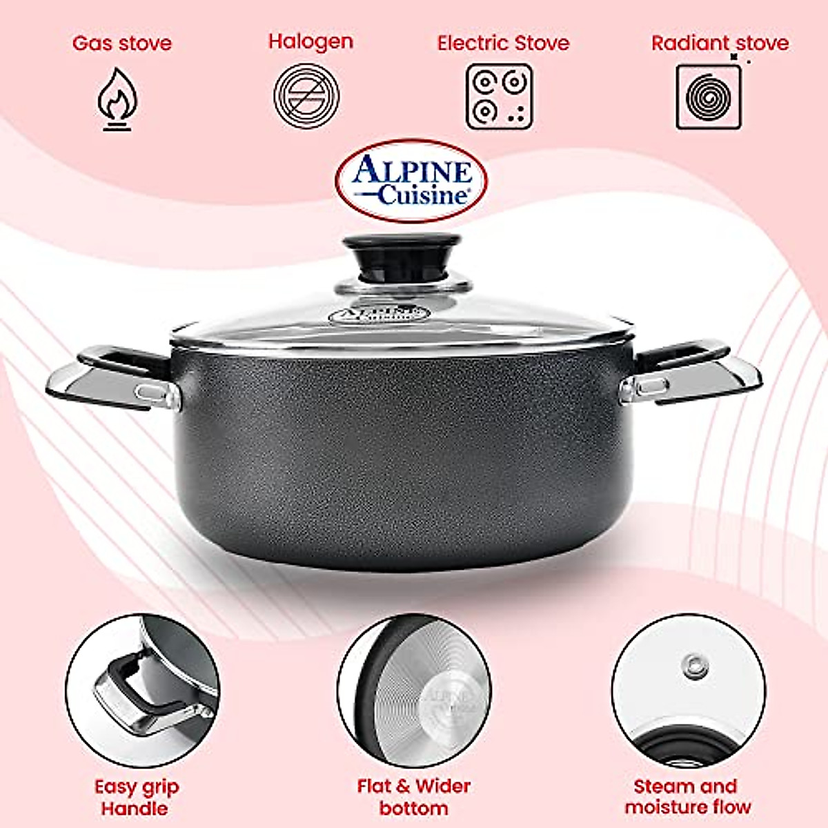 Alpine Cuisine 5 Quart Non-stick Stock Pot with Tempered Glass Lid and Carrying Handles, Multi-Purpose Cookware Aluminum Dutch Oven for Braising, Boiling, Stewing