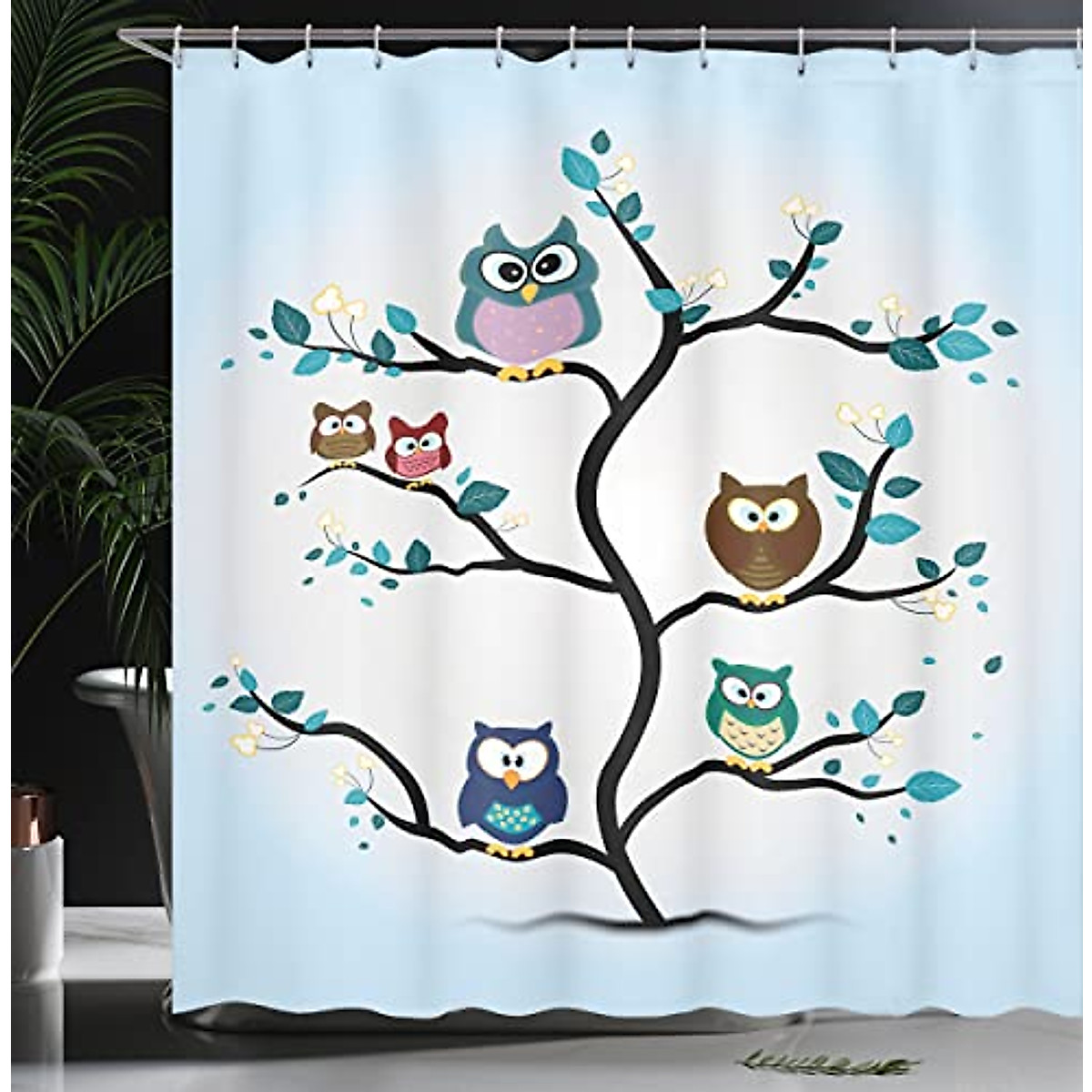Ambesonne Owl Shower Curtain, Owl Family Perched a Tree Love Grace Nocturnal Eyed Night Animals in The Nature Print, Cloth Fabric Bathroom Decor Set with Hooks, 69" W x 84" L, Multicolor