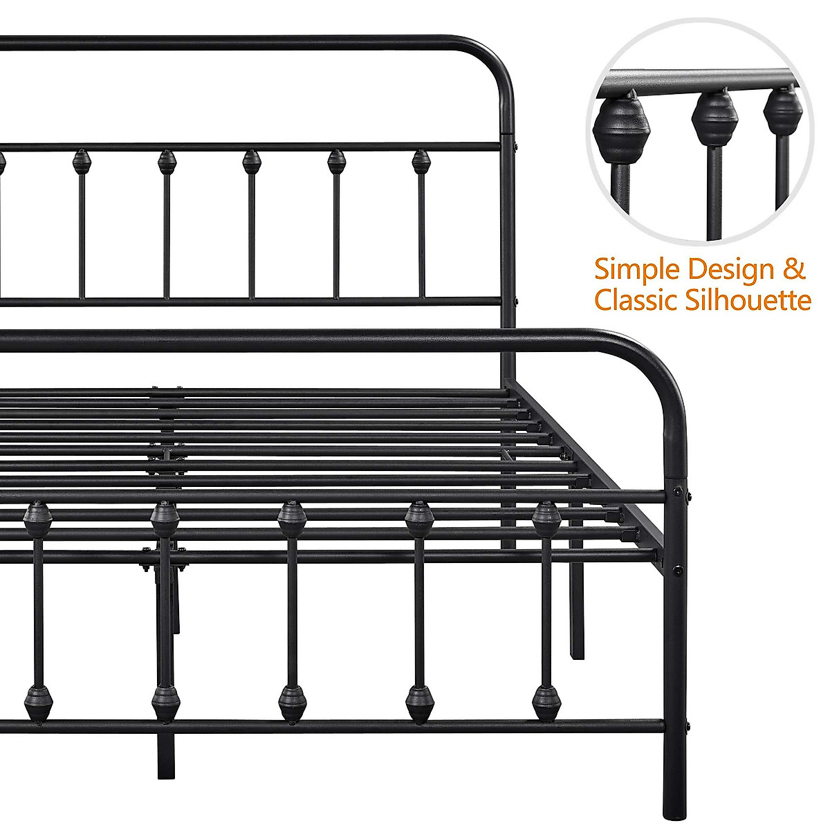 Topeakmart Full Size Victorian Style Metal Bed Frame with Headboard/Mattress Foundation/No Box Spring Needed/Under Bed Storage/Strong Slat Support Black