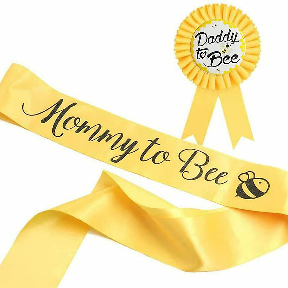 Baby Shower Decorations Yellow Sash and Tinplate Badge Mommy to Bee and Daddy to Bee Baby Shower XC