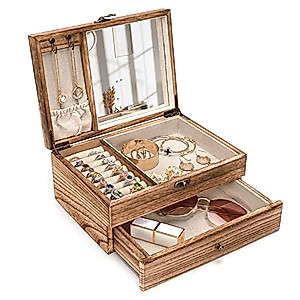 Emfogo Jewelry Box for Girls Women, 2 Layer Rustic Wooden Jewelry Boxes & Organizers with Mirror, Wood Jewelry Organizer Box Display for Rings Necklaces Earrings Bracelets(Torched Wood)