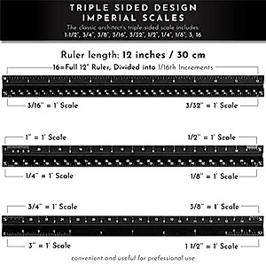 12-Inch Architectural and Engineering Scale Ruler Set (Imperial) | Laser-Etched Aluminum Triangular Drafting Tool | for Architect and Civil Engineer Blueprints | Standard Metal Ruler Included
