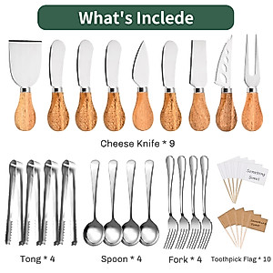 22 Pieces Cheese Knife Set, Butter Spreader Knife Set, Charcuterie Board Accessories Utensils Mini Serving Tongs Spoons and Forks Blank Toothpick Flags for Butter, Cheese, Jam and Wedding Christmas