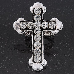 Avalaya 'Fleur de Lis' Crystal Set Statement Cross Stretch Ring In Vintage Silver Finish - 6cm Length - Adjustable size 7/8