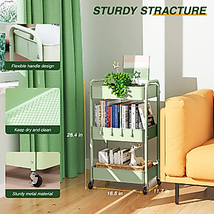 LEHOM 3 Tier Rolling Storage Cart, Metal Trolley Utility Cart with Wheels & Hooks, Easy Assembly Organizer Storage Cart for Bathroom Kitchen Office Bedroom (Green)