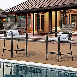 Olmia Outdoor Bar Stools Set 0f 2, 2 PC Wicker Bar Stools Rattan Patio Bar Stools with Gray Cushions and Pillows, Brown Outside Bar Rattan Counter Stools with Foot-Rest - Steel Frame