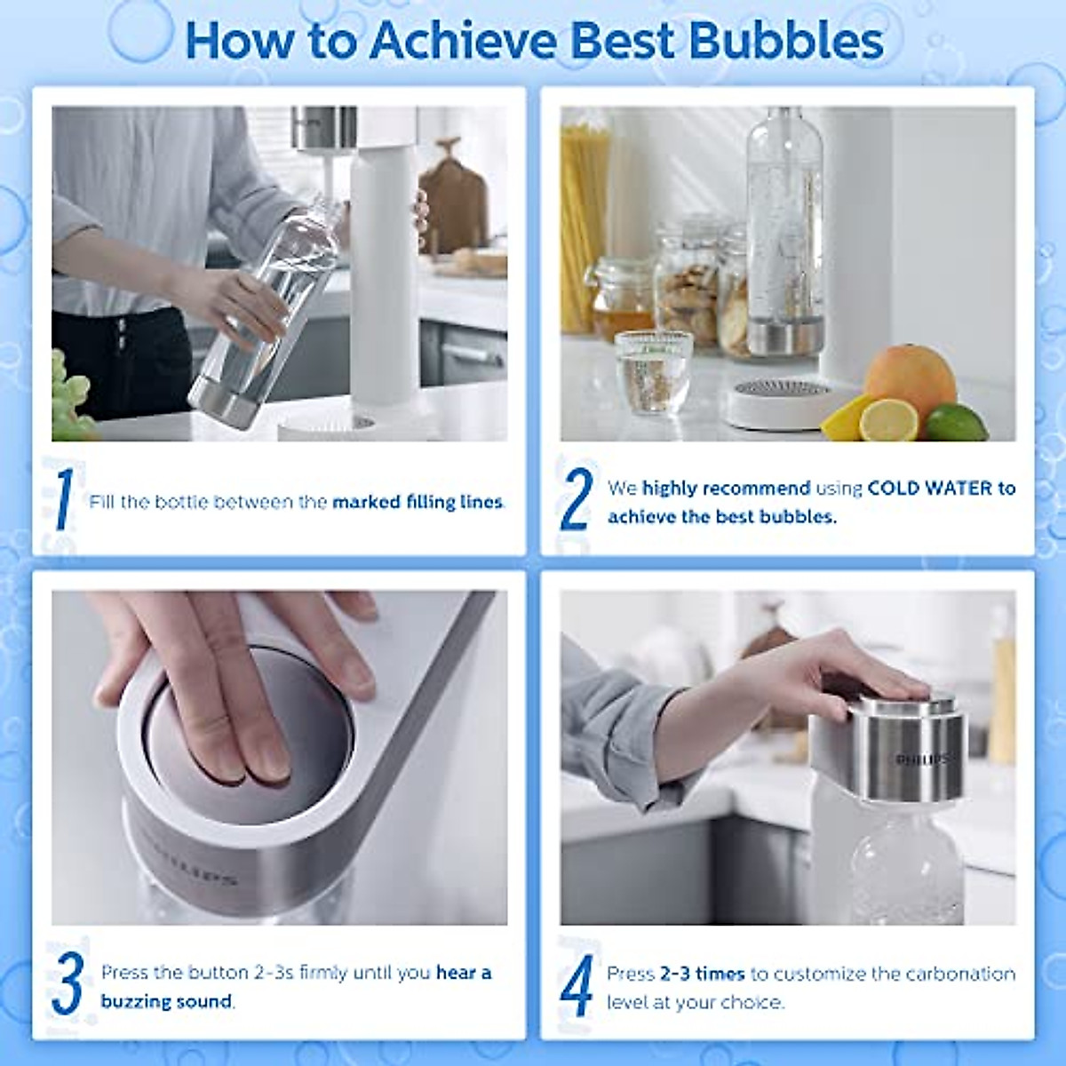 PHILIPS Sparkling Water Maker Soda Maker Soda Streaming Machine for Carbonating with 1L Carbonating Bottle, Seltzer Fizzy Water Maker, Compatible with Any Screw-in 60L CO2 Carbonator(NOT Included)