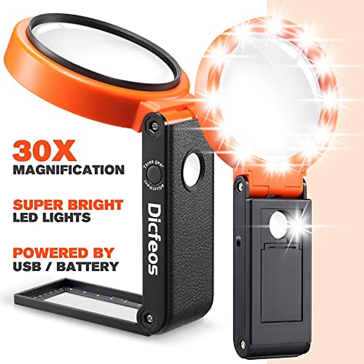 Dicfeos 30X 40X Magnifying Glass with Light and Stand, Folding Design 18 LED Illuminated Magnifying Glass for Close Work, Handheld Large Magnifying Glasses for Reading, Powered by Battery or USB