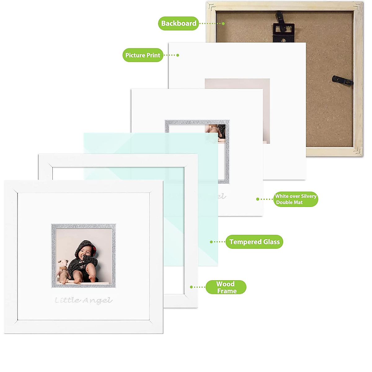 Golden State Art, White Baby Frame, Little Angel Solid Wood picture frame with White/Silver Double Mat, Baby Nursery Decor for Baby Girl or Baby Boy (8x8-inch for 4x4-inch, 1-Opening)