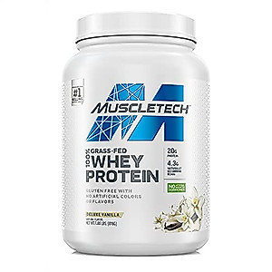 Grass Fed Whey Protein | MuscleTech Grass Fed Whey Protein Powder | Protein Powder for Muscle Gain | Growth Hormone Free, Non-GMO, Gluten Free | 20g Protein + 4.3g BCAA | Deluxe Vanilla, 1.8 lbs