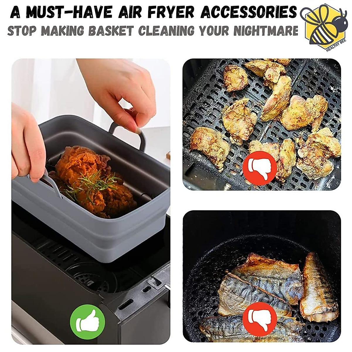 Healthy BEE - Air Fryer Liners- Silicone -2Pcs Air Fryer Silicone Pot/Liners Reusable Food Safe Non Stick Air Fryer, OVEN, MICROWAVE, STEAMER, DISHWASHER, Basket Accessories for Ninja Dual Dz201