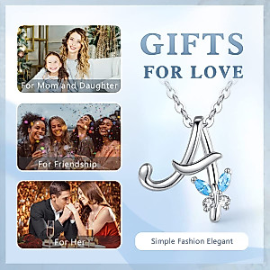 EUDORA Sterling Silver Initial A Necklaces for women Alphabet A Necklace Initial Personalized Letter A Pendant with Blue Cubic Zirconia Butterfly for Mom 18" Chain