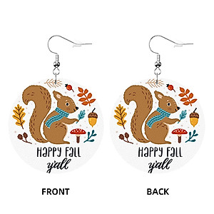 Swono Smiling Squirrel Round Faux Leather Earrings for Women Bright Falling Leaves Acorn Mushroom Pine Cones Autumn Lightweight Double-Side Printed Drop Dangle Earring for Birthday Party Gift