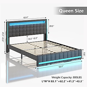 Dnxao Queen LED Bed Frame with USB Charging Station, Upholstered Platform Queen Size Bed Frame with LED Lights Headboard Footboard, Heavy Duty Metal Slats, No Box Spring Needed, Dark Grey