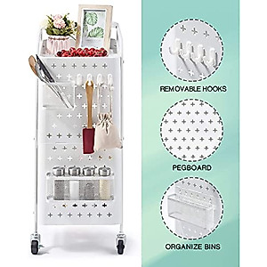 KINGRACK 3-Tier Rolling Cart, Metal Utility Cart with Pegboard, Utility Rolling Storage Carts with Wheels, Craft Storage Trolley with Handle for Kitchen Office Classroom, White
