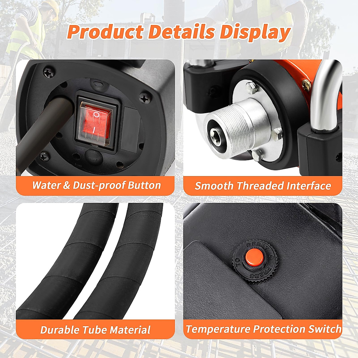 LMYYGOO Electric Concrete Vibrator Handheld, 2HP 1500W 18000RPM Powerful Copper Motor Portable Construction Insertion Cement Concrete Vibrating Tool with 4.5M (14-3/4ft) Long Flexible Shaft